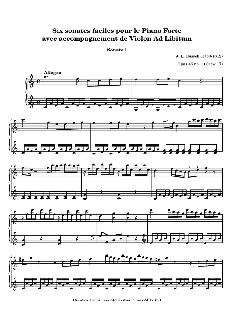 Dussek, Jan Ladislav - Six Sonates Faciles Pour Le Piano Forte (I ...