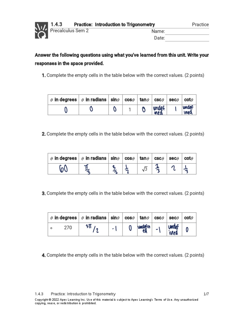 1.4.3 Practice - Introduction To Trigonometry (Practice) | PDF