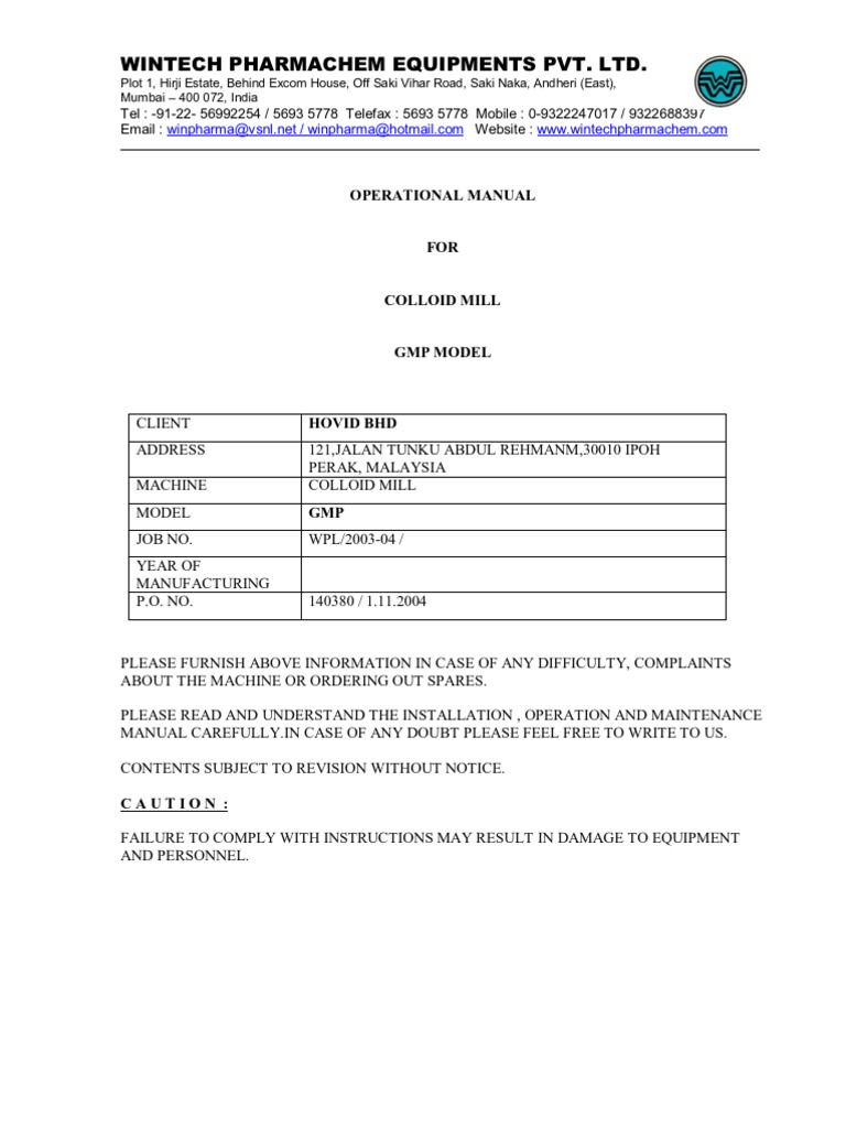 Colloid Mill Operation and Adjustment Guide | PDF | Mill (Grinding ...