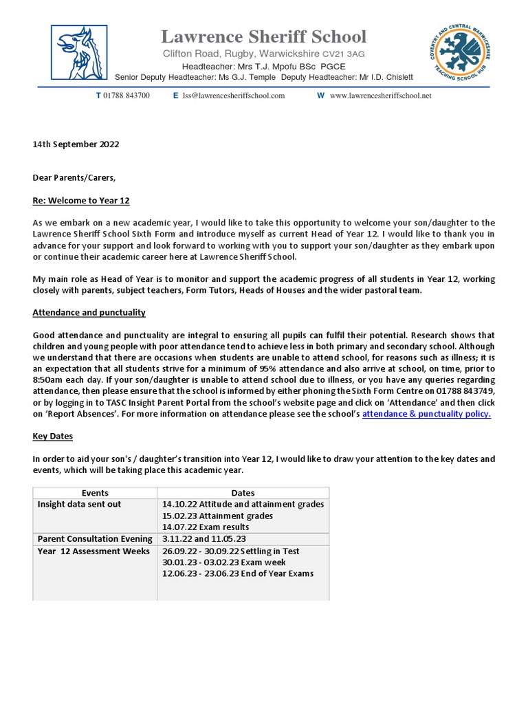 Year 12 Welcome Letter Lss | PDF | Test (Assessment)