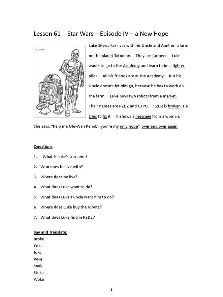 Beginners ESL: Star Wars Reading | PDF | Luke Skywalker | Princess Leia