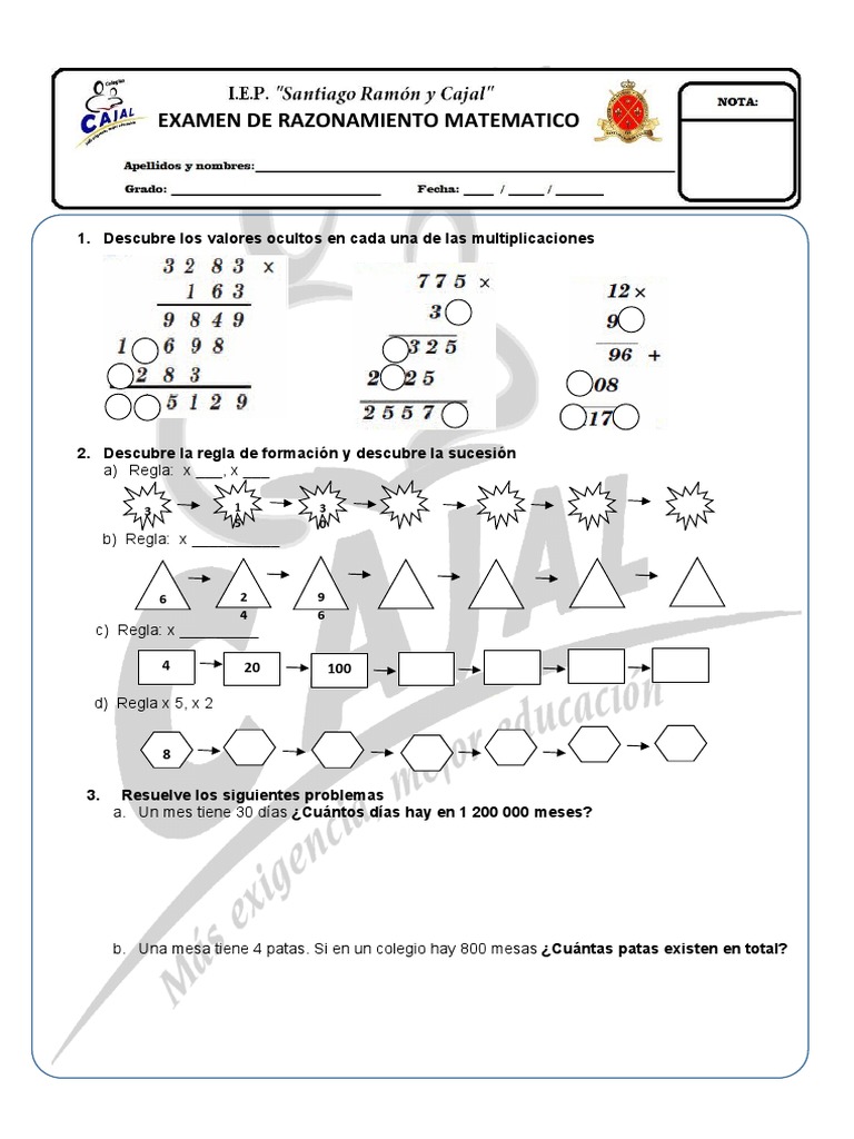 Examen de Raz Matematico 4to Grado de Primaria | PDF
