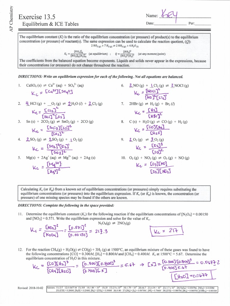 Exercise 13.5 - Equilibrium and ICE Tables - Answers | PDF
