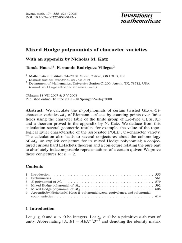 Mixed Hodge Polynomials of Character Varie - Hausel, Tamas | PDF ...