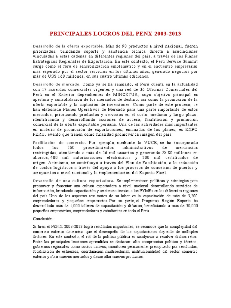 Principales Logros Del Penx 2003-2013 | PDF | Perú | Iniciativa empresarial