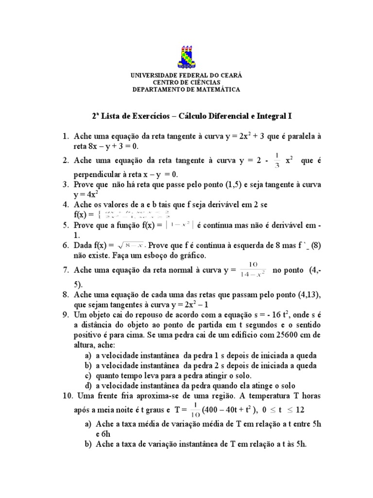 Lista 2 Calculo Dif e Integral I | PDF | Curva | Velocidade
