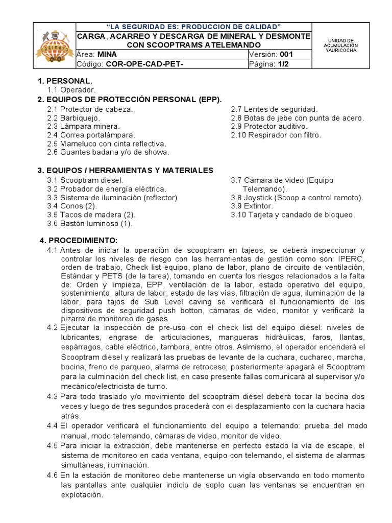 Carga, Acarreo de Mineral y Desmonte Con Scoop Tram A Telemando | PDF | Bienes manufacturados ...
