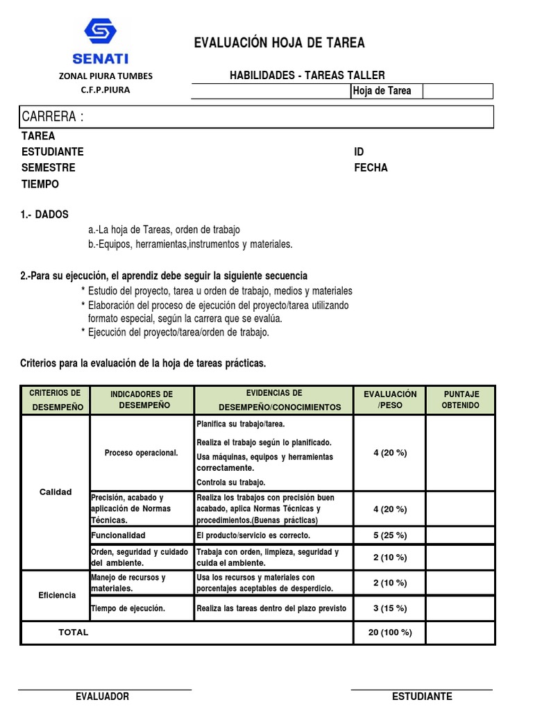 FORMATO Milimetrico DE EVALUACIÓN DE TAREAS EN TALLER | PDF