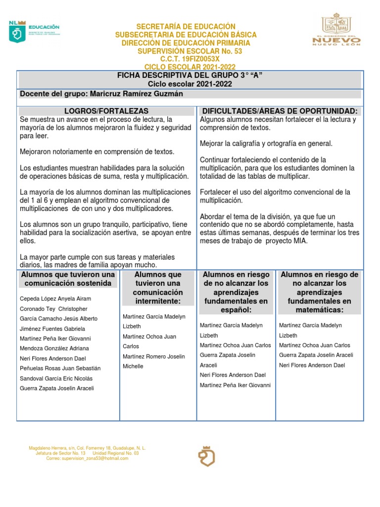 Ficha Descriptiva de Grupo 3a | PDF | Educación primaria