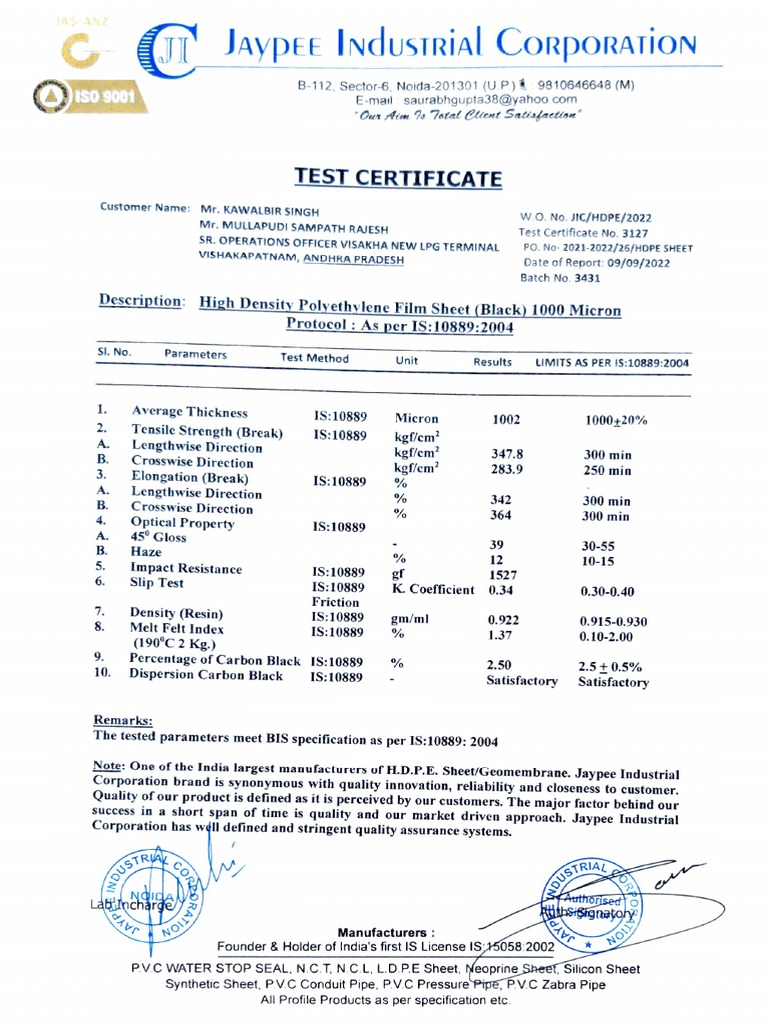Test Certificate Kawalbir Singh | PDF | Plastic | Amorphous Solid