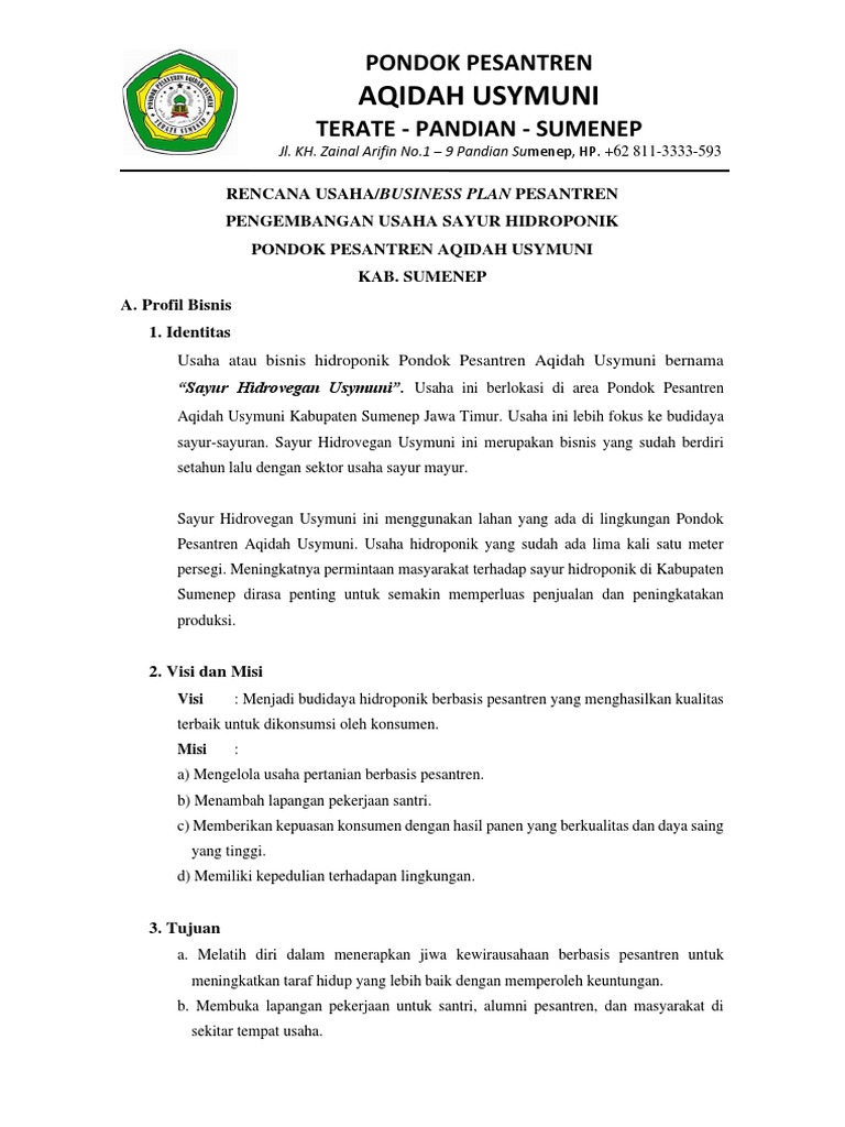 Proposal Inkubasi Bisnis Pesantren Aqidah Usymuni 1 | PDF