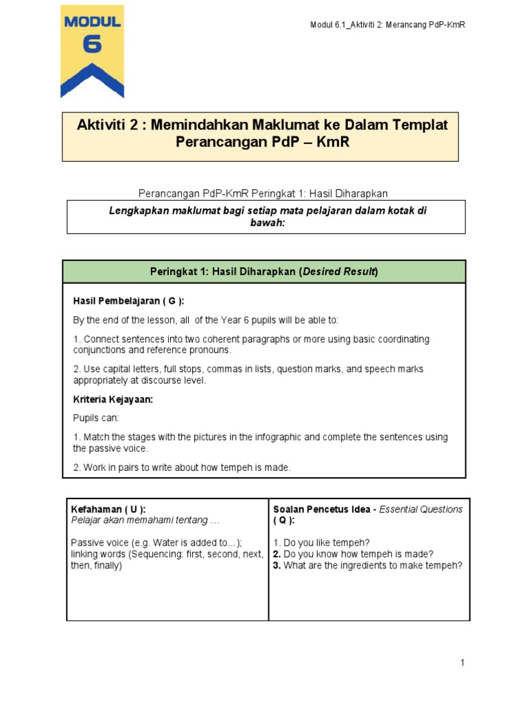 Planning a Lesson on How Tempeh is Made Using the PdP-KmR Template | PDF | Cognitive Science ...