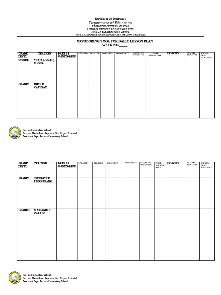 Lesson Pan Monitoring Tool | PDF
