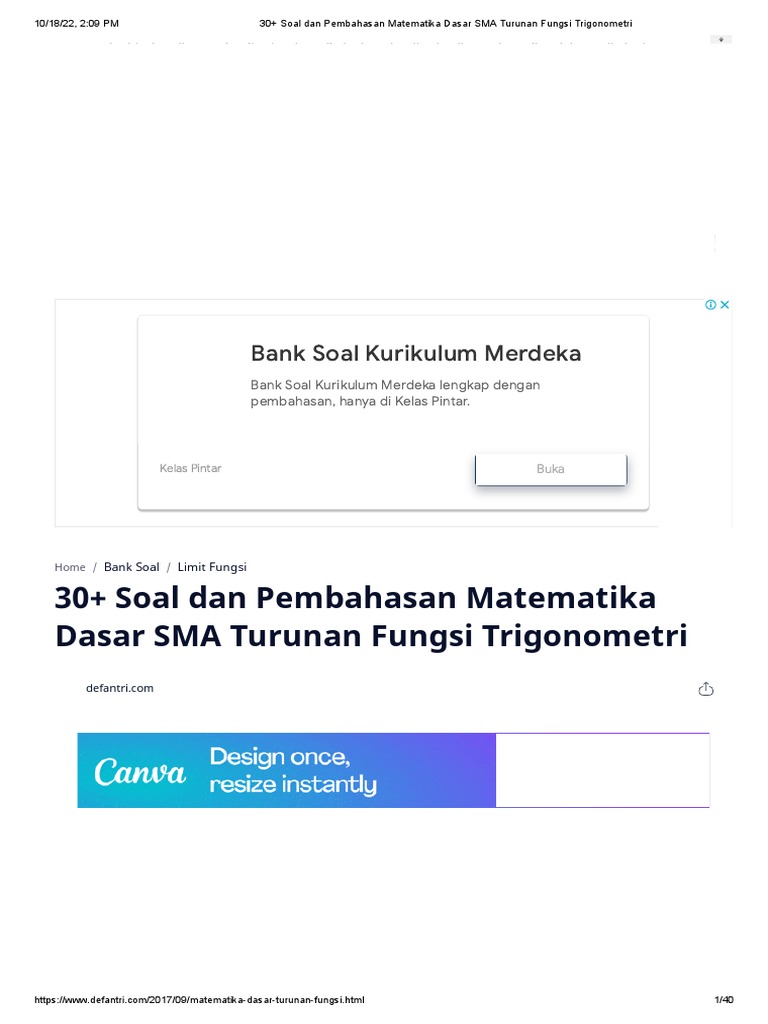 30+ Soal Dan Pembahasan Matematika Dasar SMA Turunan Fungsi Trigonometri | PDF