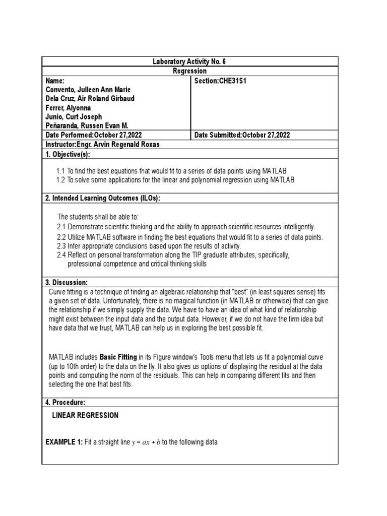 Group6 - Laboratory Activity No.6 | PDF | Regression Analysis | Matlab