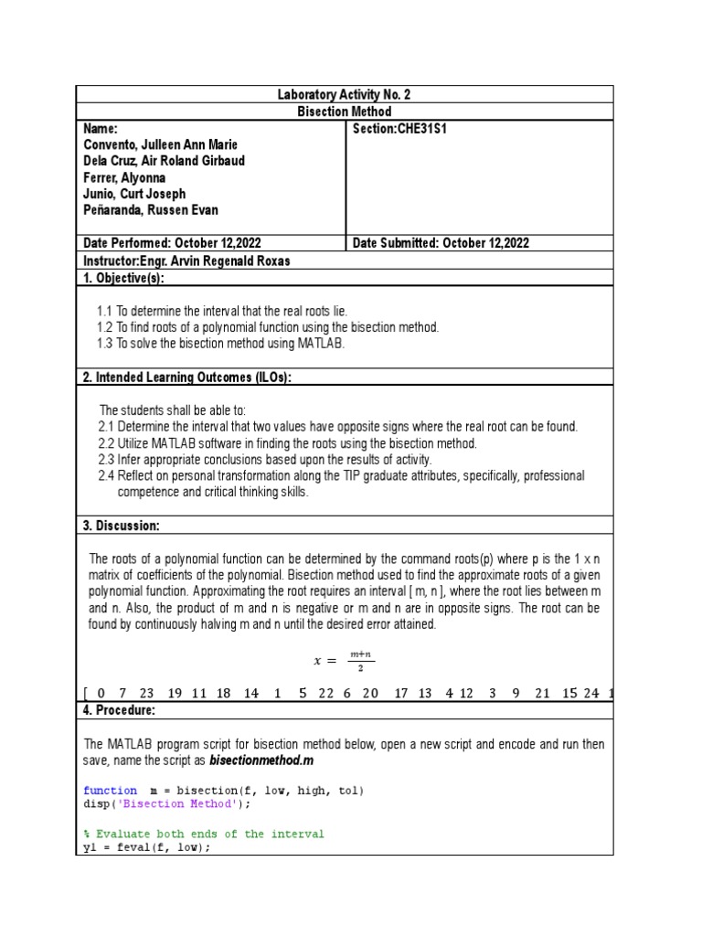 Group 6 Laboratory Activity 2 Bisection Method Pdf Mathematical Logic Applied Mathematics