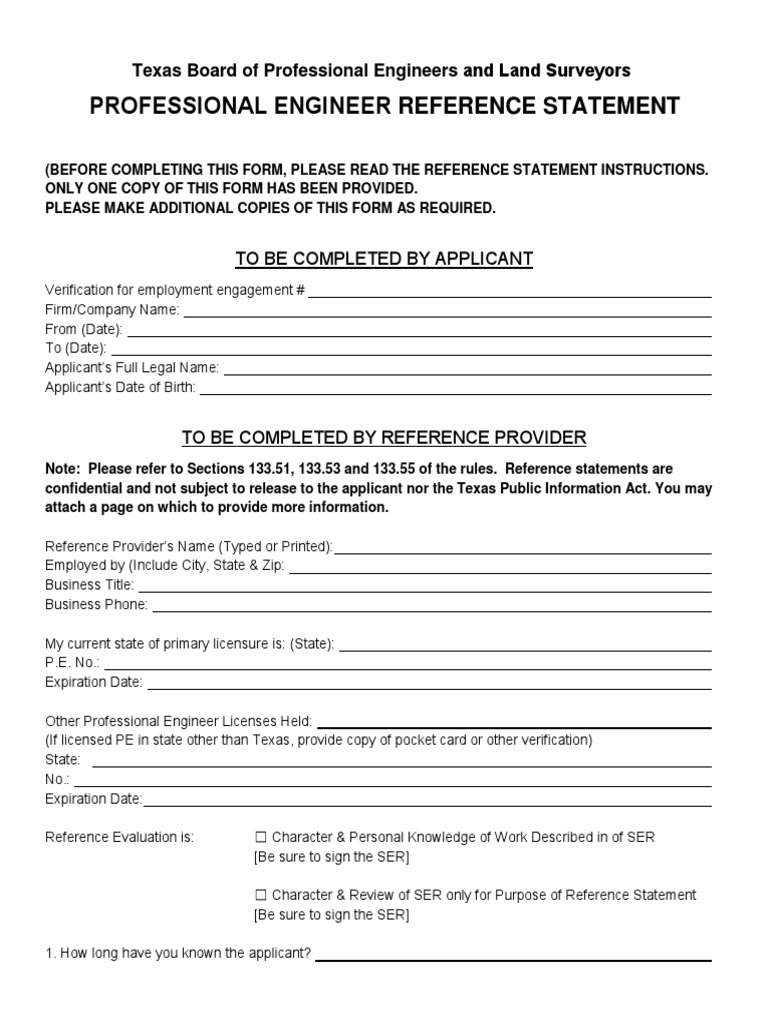 Professional Engineer Reference Statement: Texas Board of Professional ...
