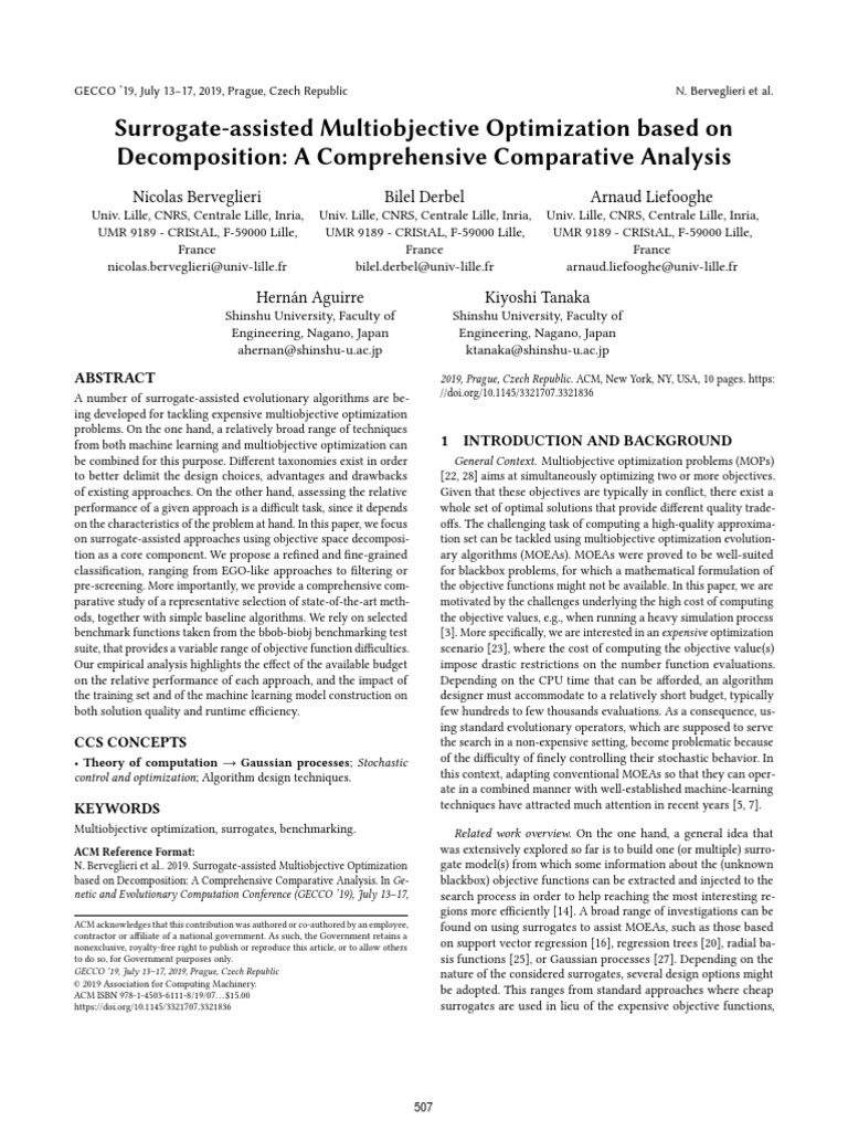 Berveglieri Et Al 2019 Surrogate Assisted Multiobjective Optimization Based On Decomposition