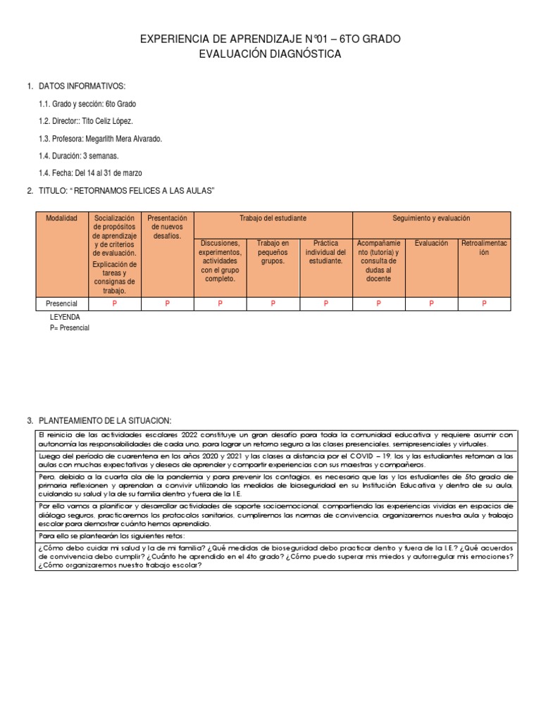 6° Grado - Experiencia de Aprendizaje #01 Diagnostica | PDF | Método de enseñanza | Evaluación