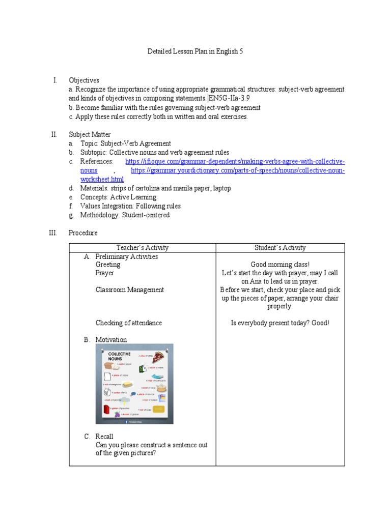 Detailed Lesson Plan in English V Subject Verb Agreement | PDF | Verb ...