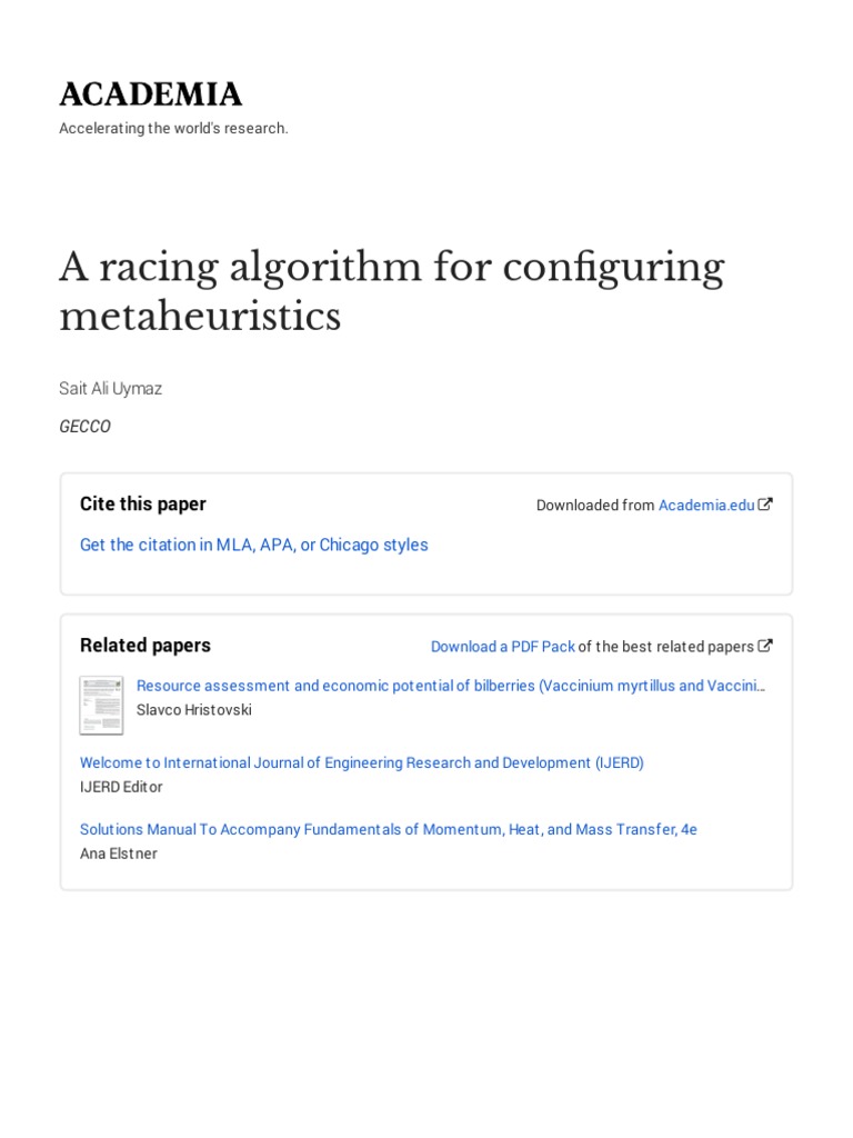 Birattari Et Al. 2002 - A Racing Algorithm For Configuring ...