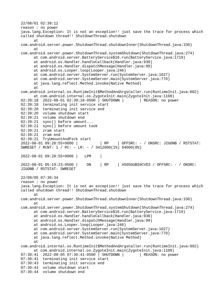 Log entries documenting reasons for device shutdowns and reboots over a period of time | PDF ...