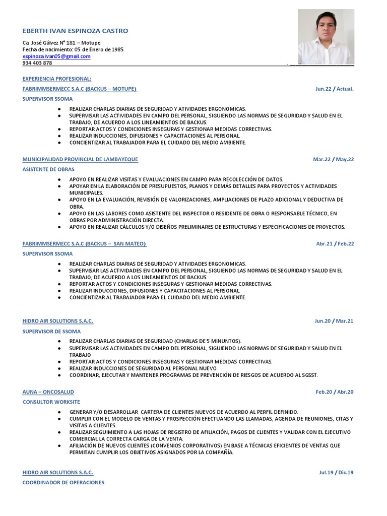 CV - Eberth Espinoza Castro | PDF | Business