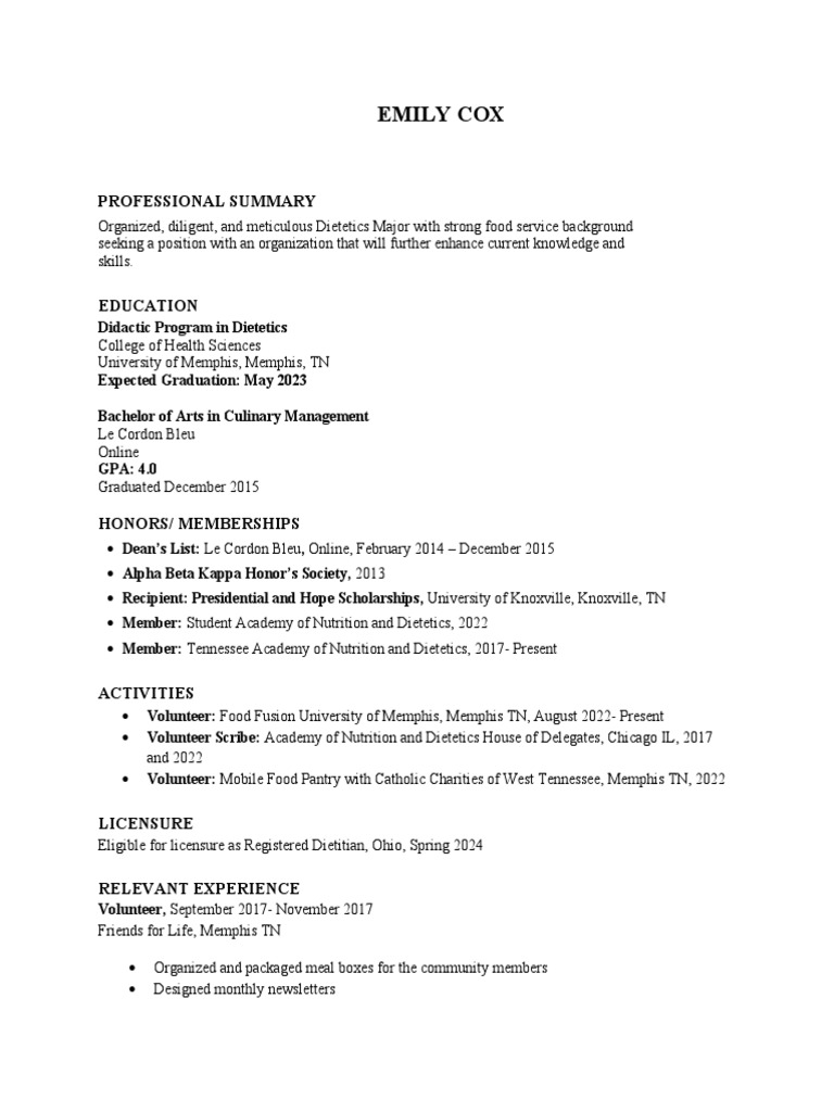 Emily Cox Resume | PDF | Dietitian | Health Sciences