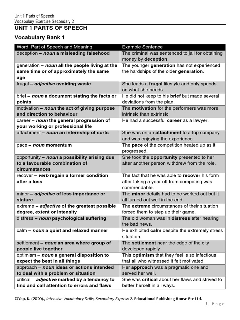S2 - Vocabulary Exercise 1 | PDF | Adjective | Part Of Speech