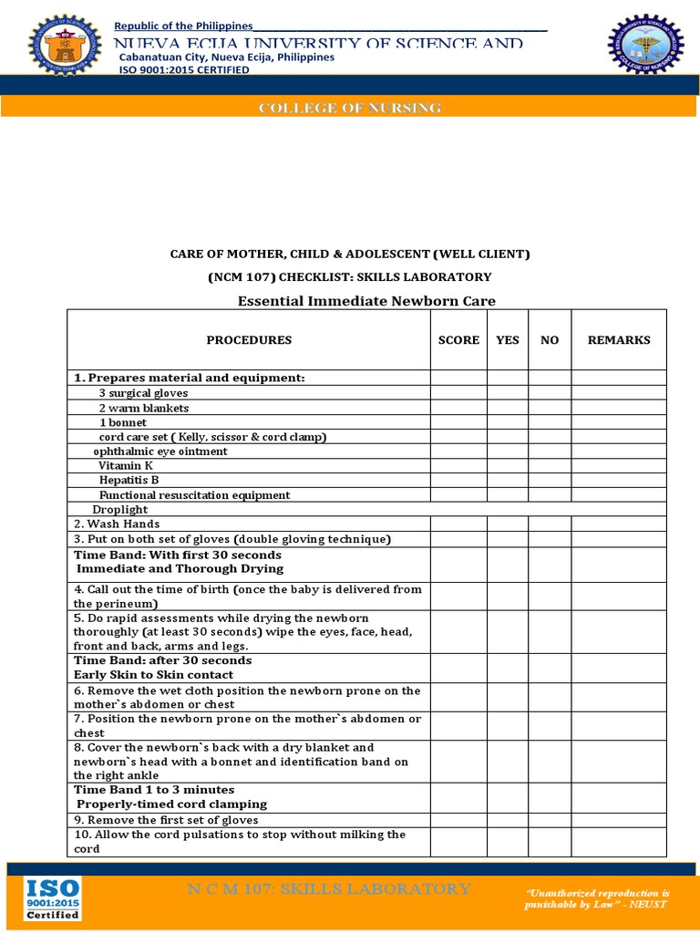 Checklist Pedia NCM 107 Einc | PDF | Breastfeeding | Infants