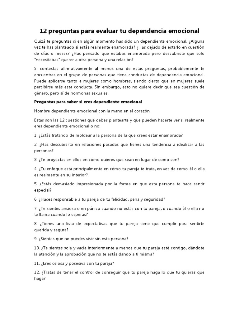 12 Preguntas para Evaluar Tu Dependencia Emocional | PDF | Amor | Las emociones
