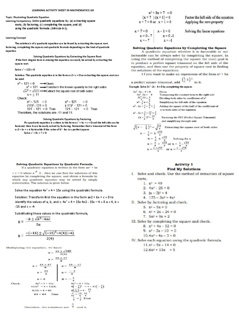Learning Activity Sheet in Mathematics G9 2 | PDF