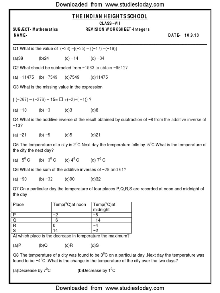 CBSE Class 7 Maths Worksheet - Integers | PDF | Mathematics | Arithmetic