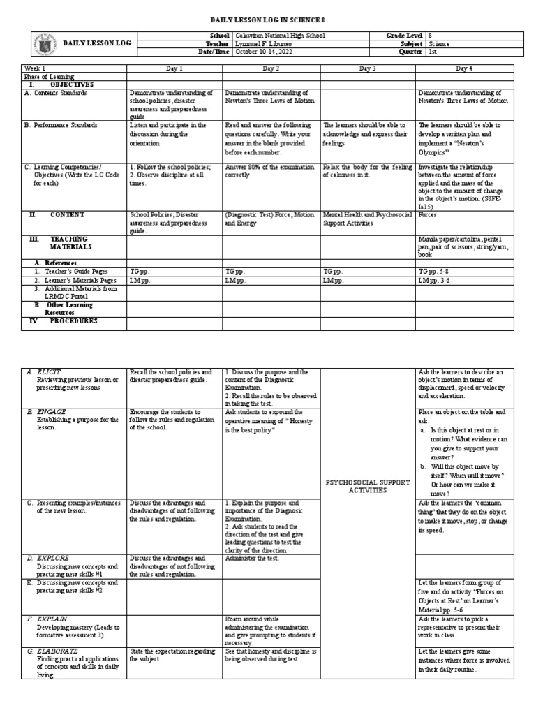 SCI-8-Quarter 1 DLL Week 1 | Download Free PDF | Learning | Cognition