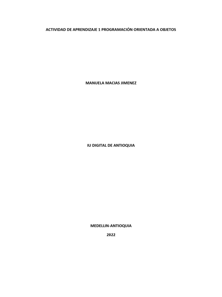 Actividad De Aprendizaje 1 Programación Orientada A Objetos Descargar Gratis Pdf Objeto