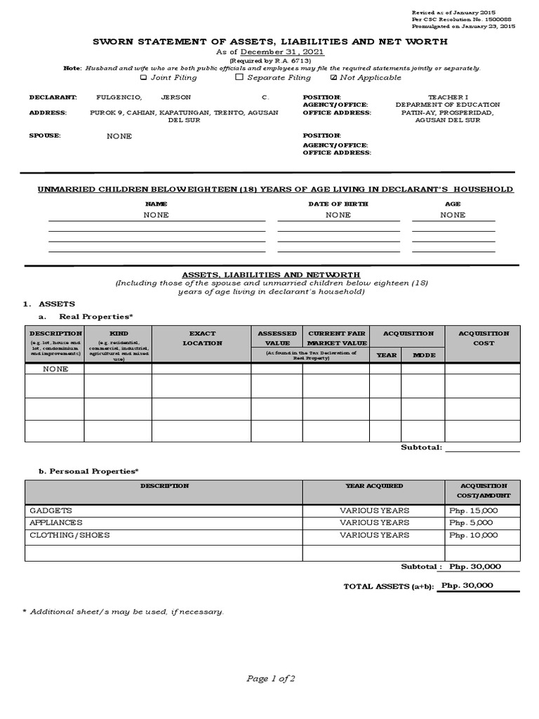 Statement of Assets Liabilities and Net Worth1 1 | PDF | Net Worth ...