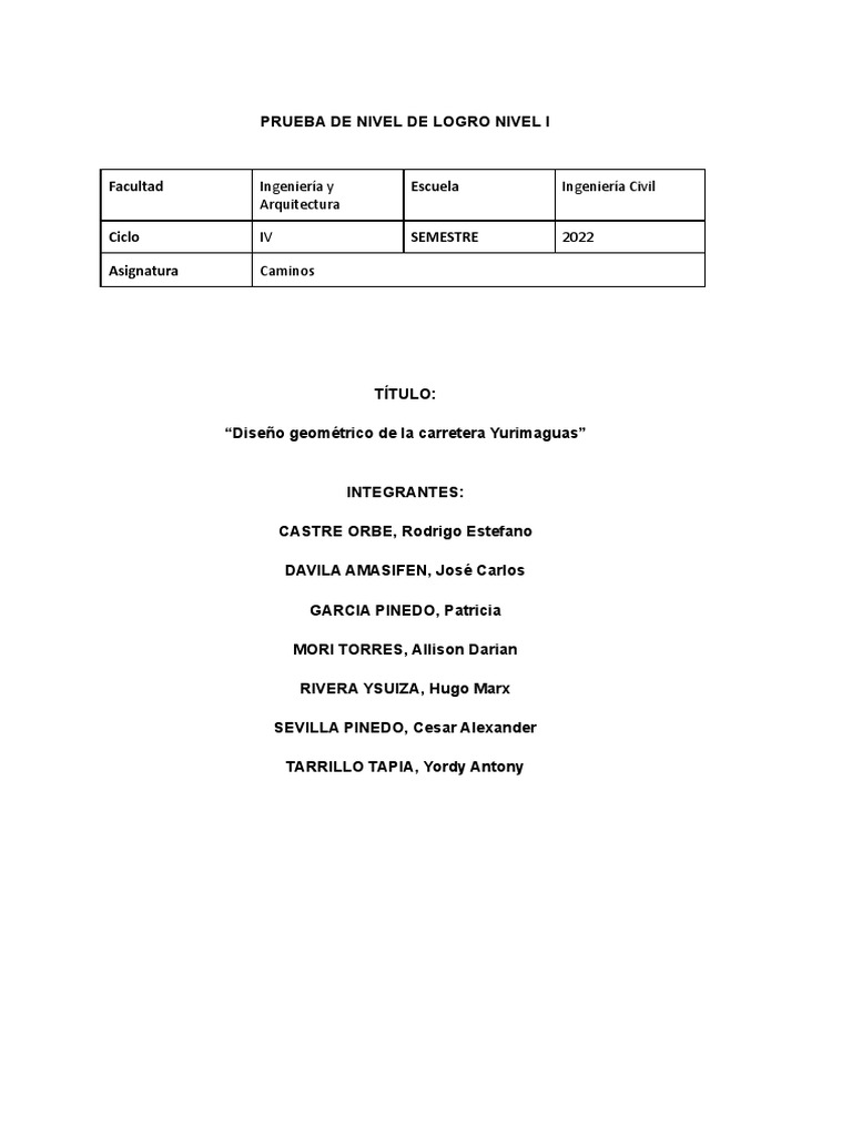 Prueba de Nivel de Logro Nivel I | PDF | La carretera | Diseño
