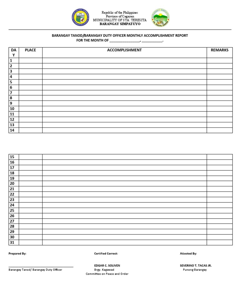 Barangay Tanod Accomplishment Report | PDF