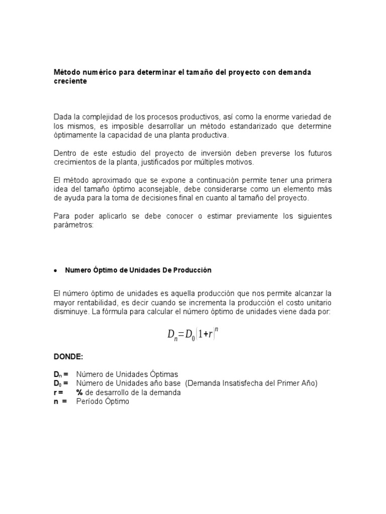 Método Numérico para Determinar El Tamaño Del Proyecto Con Demanda ...
