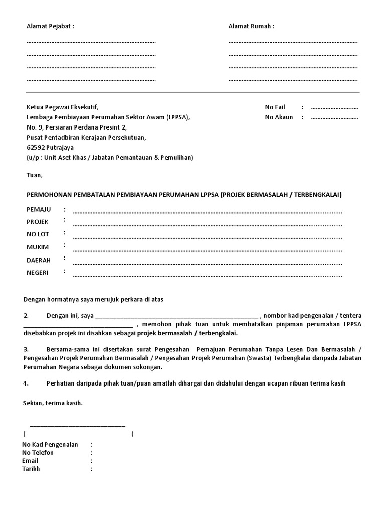 Borang Permohonan Pembatalan Pembiayaan Projek Terbengkalai Pdf