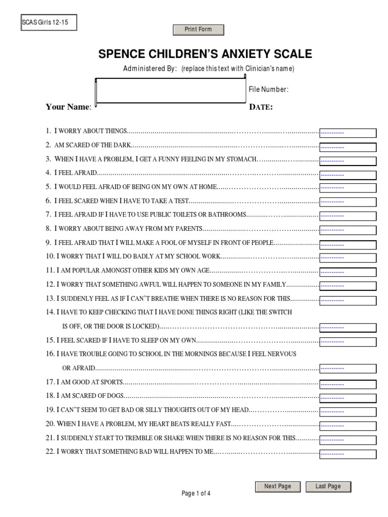 Scas Girls 12 15 CALIFICACION | PDF | Anxiety Disorder | Mental Health