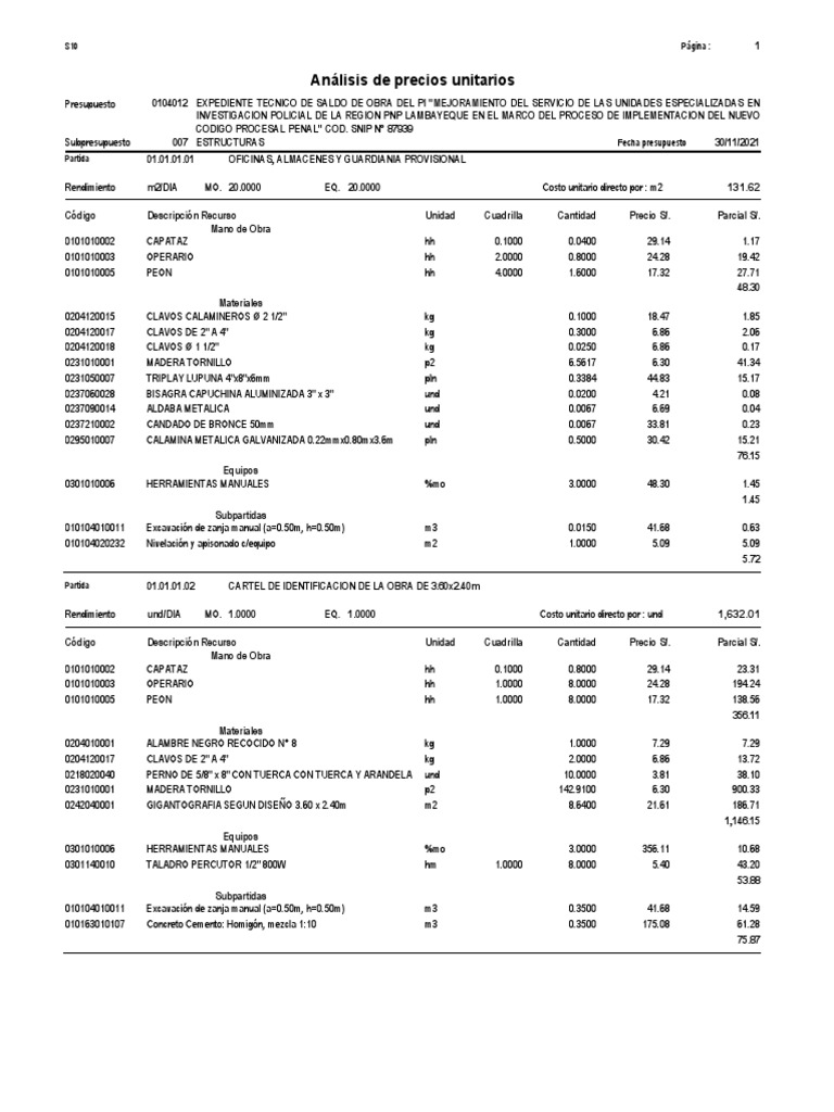 l.1) Análisis de Precios Unitarios | PDF | Presupuesto | Bienes manufacturados
