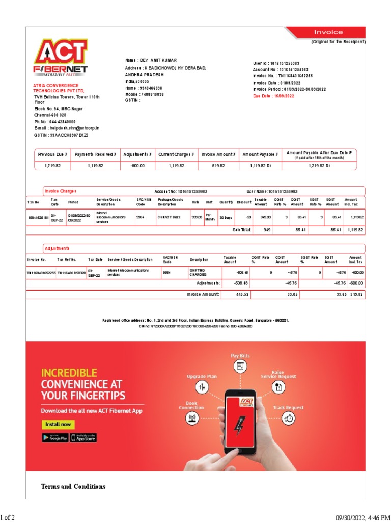 Monthly Telecommunications Invoice for Customer DE AMIT KUMAR | PDF ...