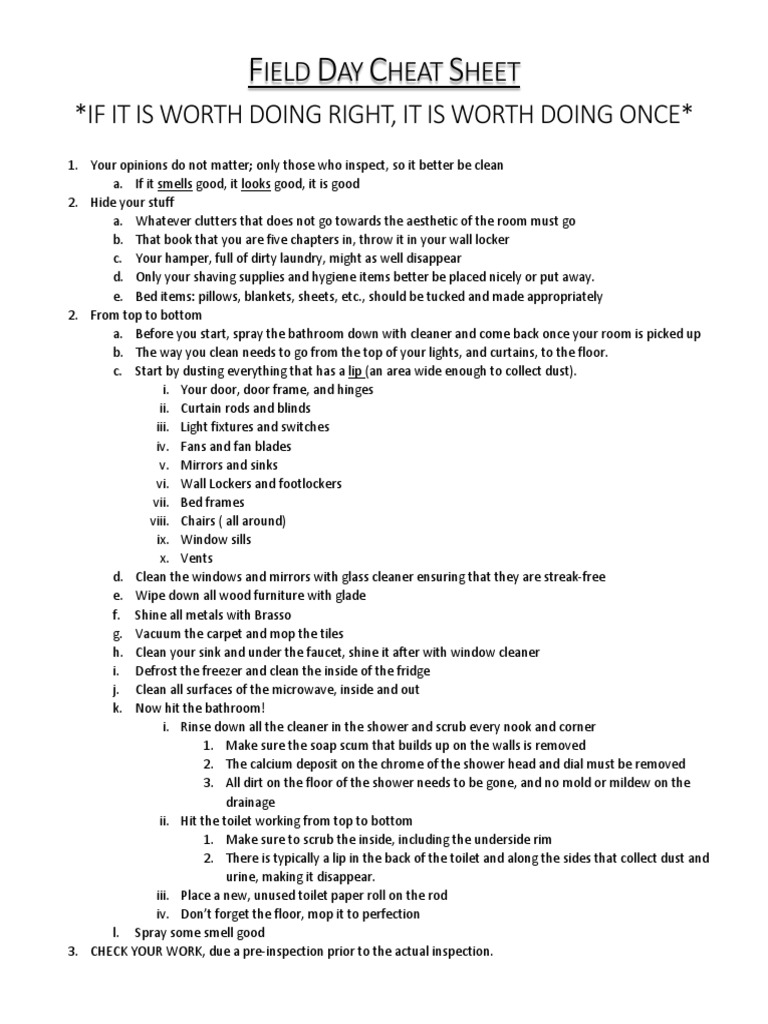 Field Day Cheat Sheet | PDF | Shower | Bathroom