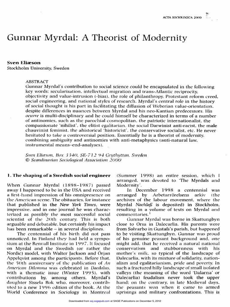 Gunnar Myrdal - A Theorist of Modernity | PDF | Sociology | Sweden