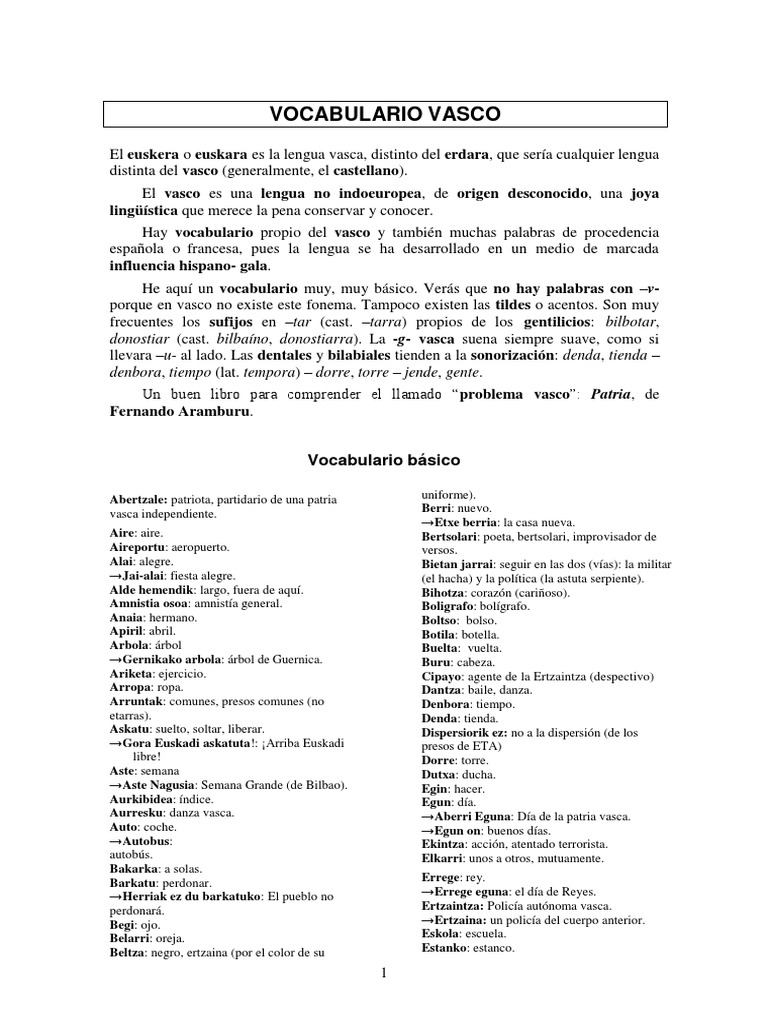 Vocabulario básico vasco | PDF | País Vasco (Comunidad Autónoma) | País Vasco (Gran Región)