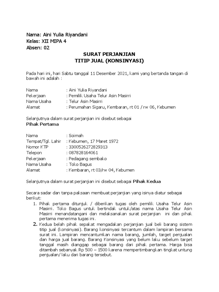 Surat Perjanjian Titip Jual Konsinyasi Aini Yulia R - XII MIPA 4 - 02 | PDF