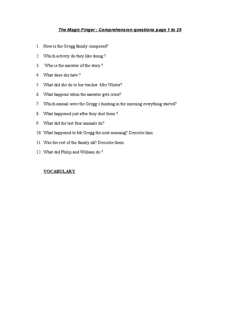 The Magic Finger: Comprehension Questions | PDF | Wellness | General ...