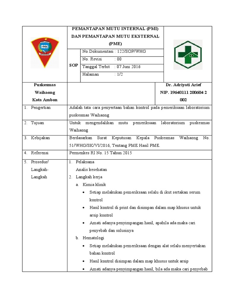 Sop PEMANTAPAN MUTU INTERNAL (PMI) Dan PEMANTAPAN MUTU EKSTERNAL (PME) | PDF