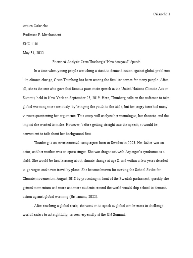 Rhetorical Analysis: Greta Thunberg's "How Dare You?" Speech | PDF ...